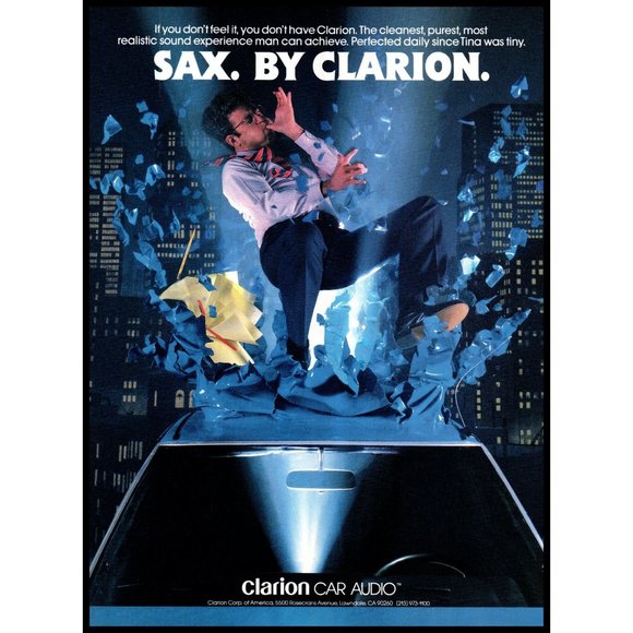 Clarion | Art | 988 Clarion Car Audio Vintage Print Ad City Skyline Sax ...